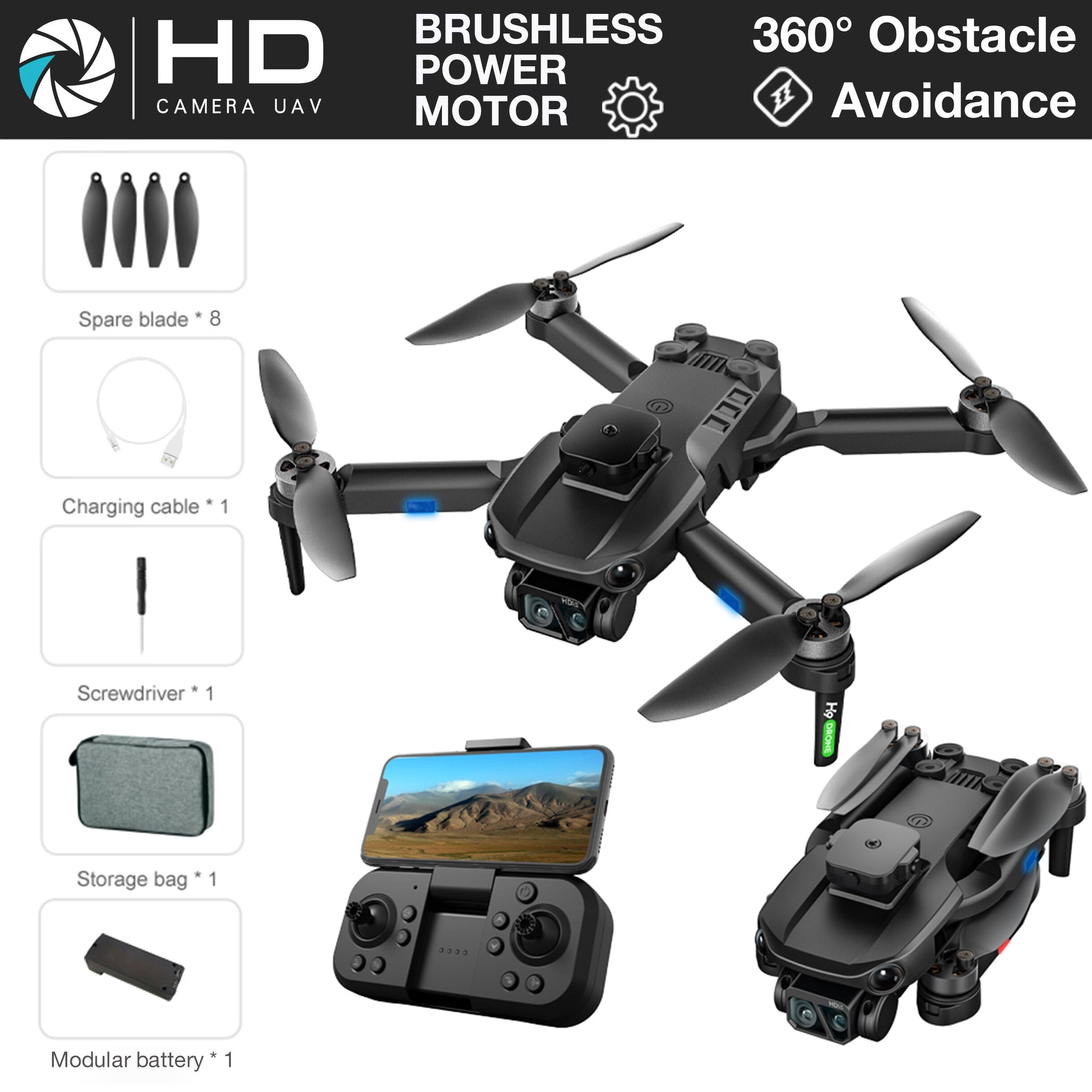 H9 Drone - Obstacle Avoidance 360°Dual HD Camera Electronic Adjustable ...